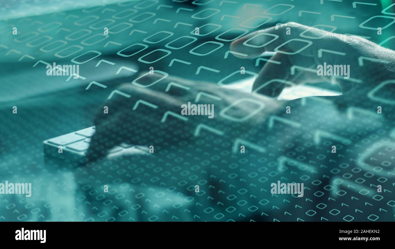 Computer espionage in global internet network, binary data flow Stock ...