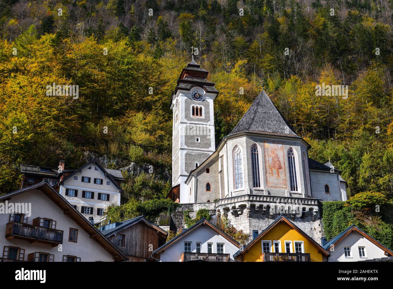 Old buildings in Hallstatt, Austria. Hallstatt is a charming lakeside ...