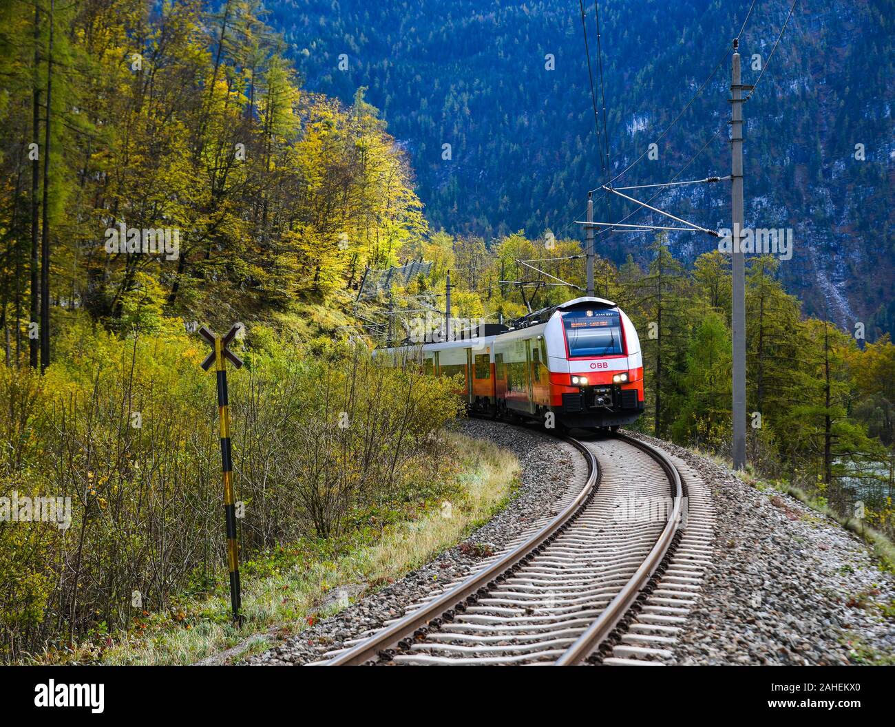 Hallstatt, Austria - Oct 25, 2018. Touristic train running in Hallstatt ...
