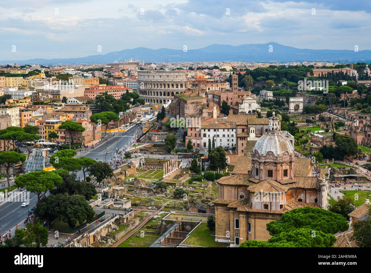 Panoramic view of Ancient Rome ruins. Cityscape skyline of landmarks of ...