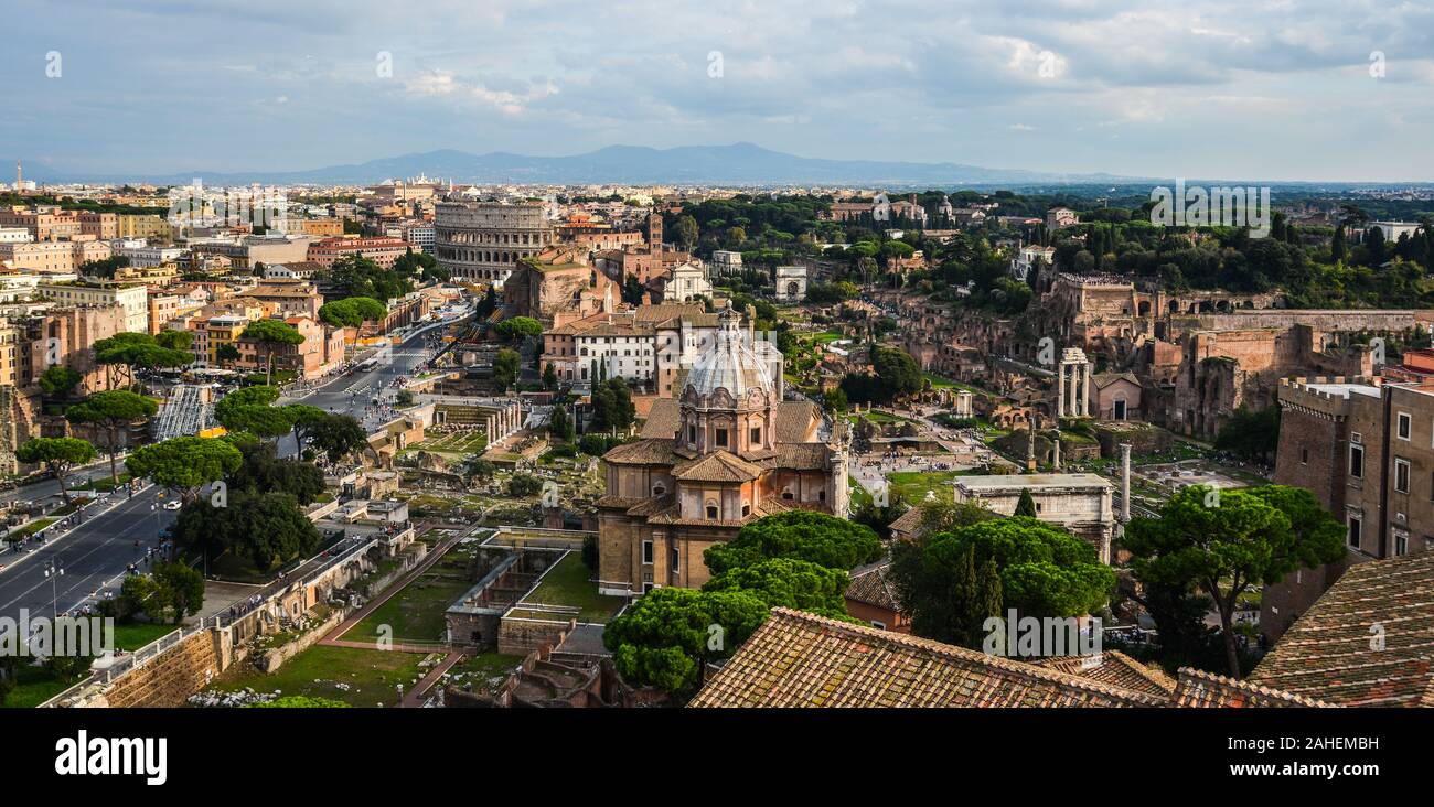 Panoramic view of Ancient Rome ruins. Cityscape skyline of landmarks of ...