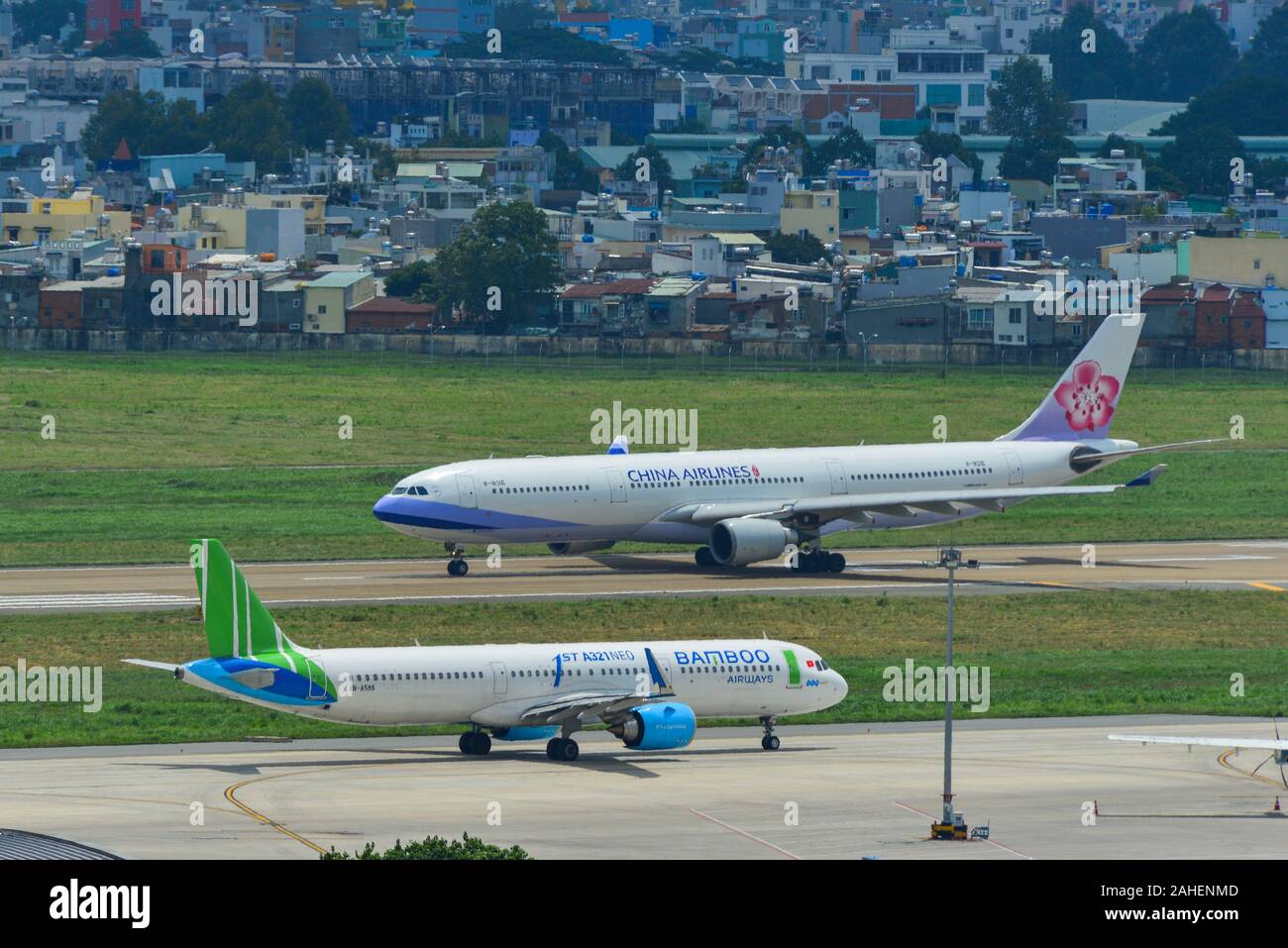 Saigon, Vietnam - Jul 13, 2019. Aerial view of Tan Son Nhat Airport ...