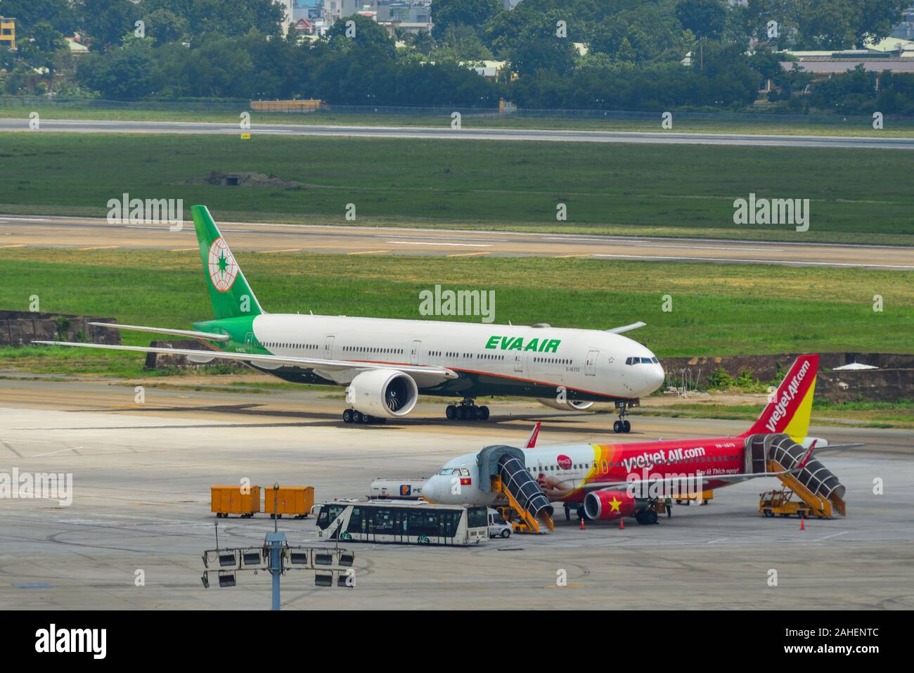 Saigon, Vietnam - Jul 13, 2019. Aerial view of Tan Son Nhat Airport ...