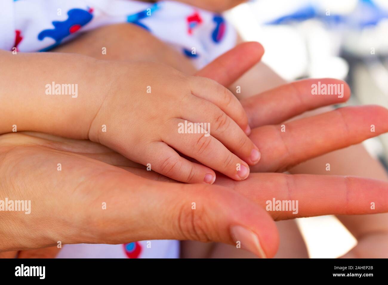 small hand of a child placed on the palm of the hand of his mother ...