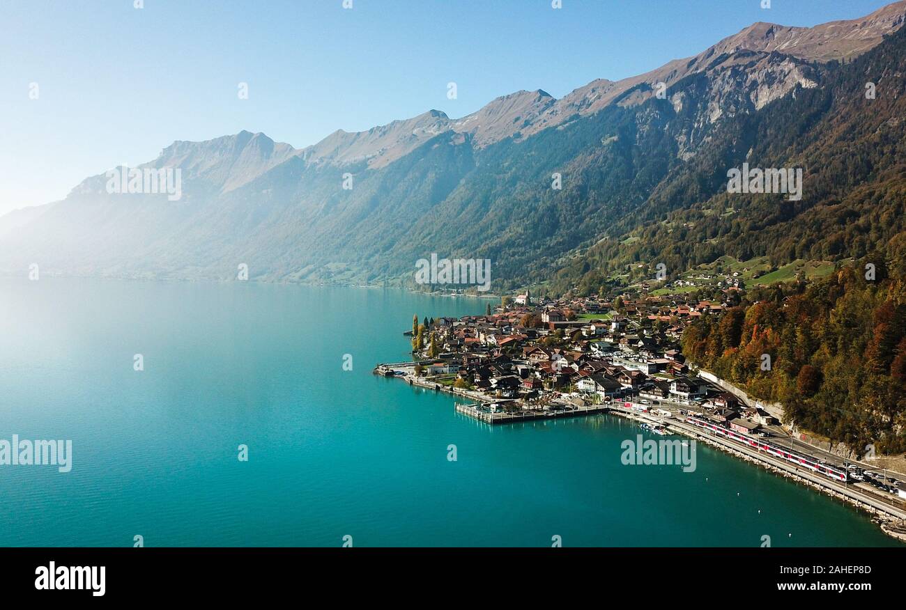 Aerial view of the traditional Swiss village on the famous Brienz Lake ...