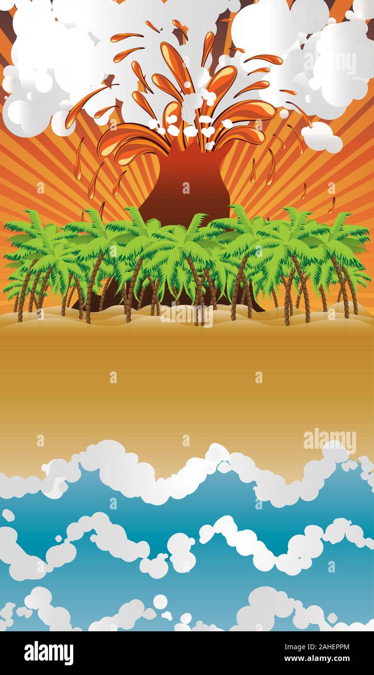 Cartoon tropical beach with palm trees, blue waves and volcano Stock ...