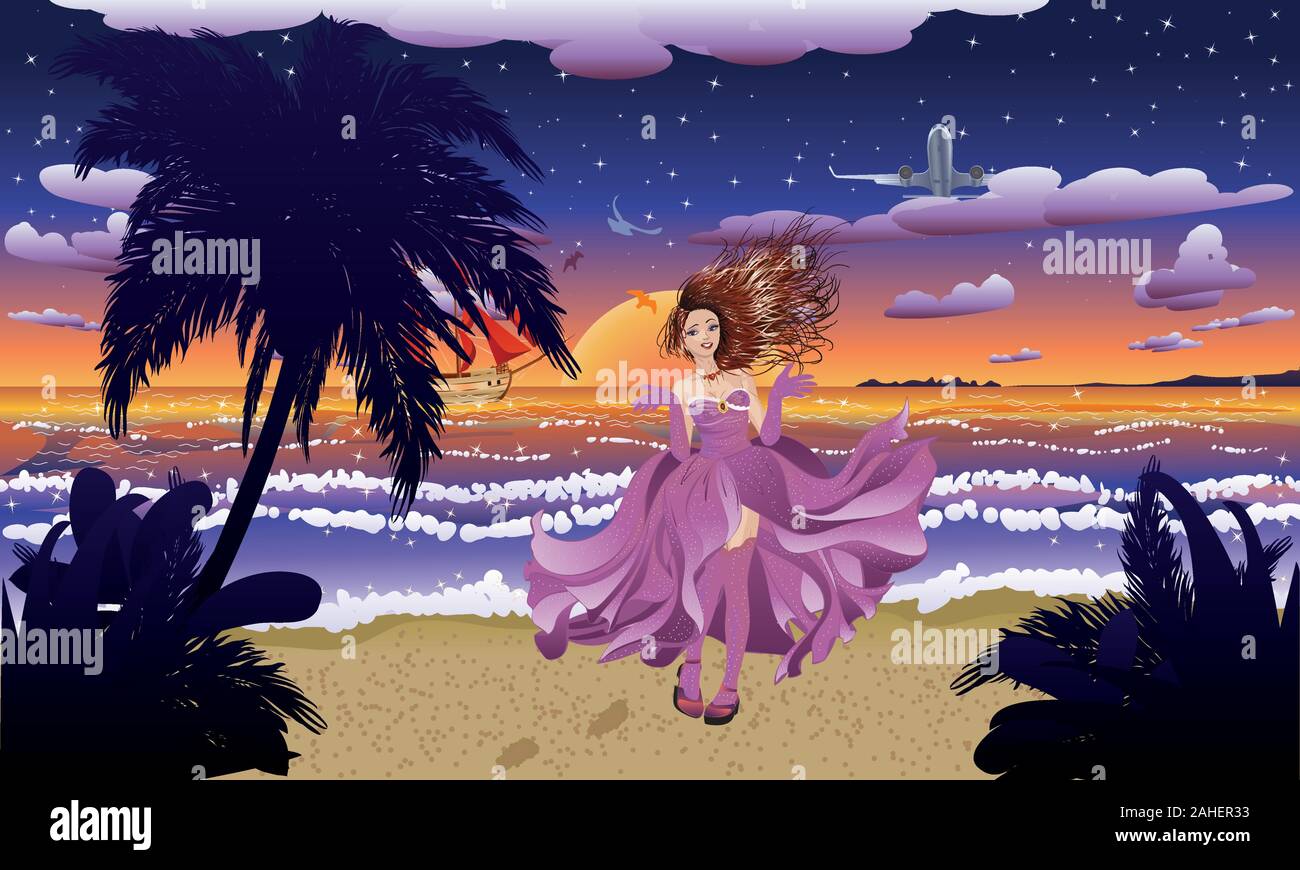 Woman beach happy dress Stock Vector Images - Alamy