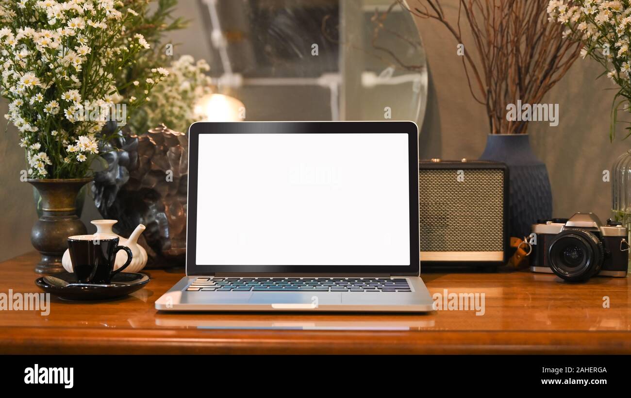 Mockup laptop computer on dressing table Stock Photo - Alamy