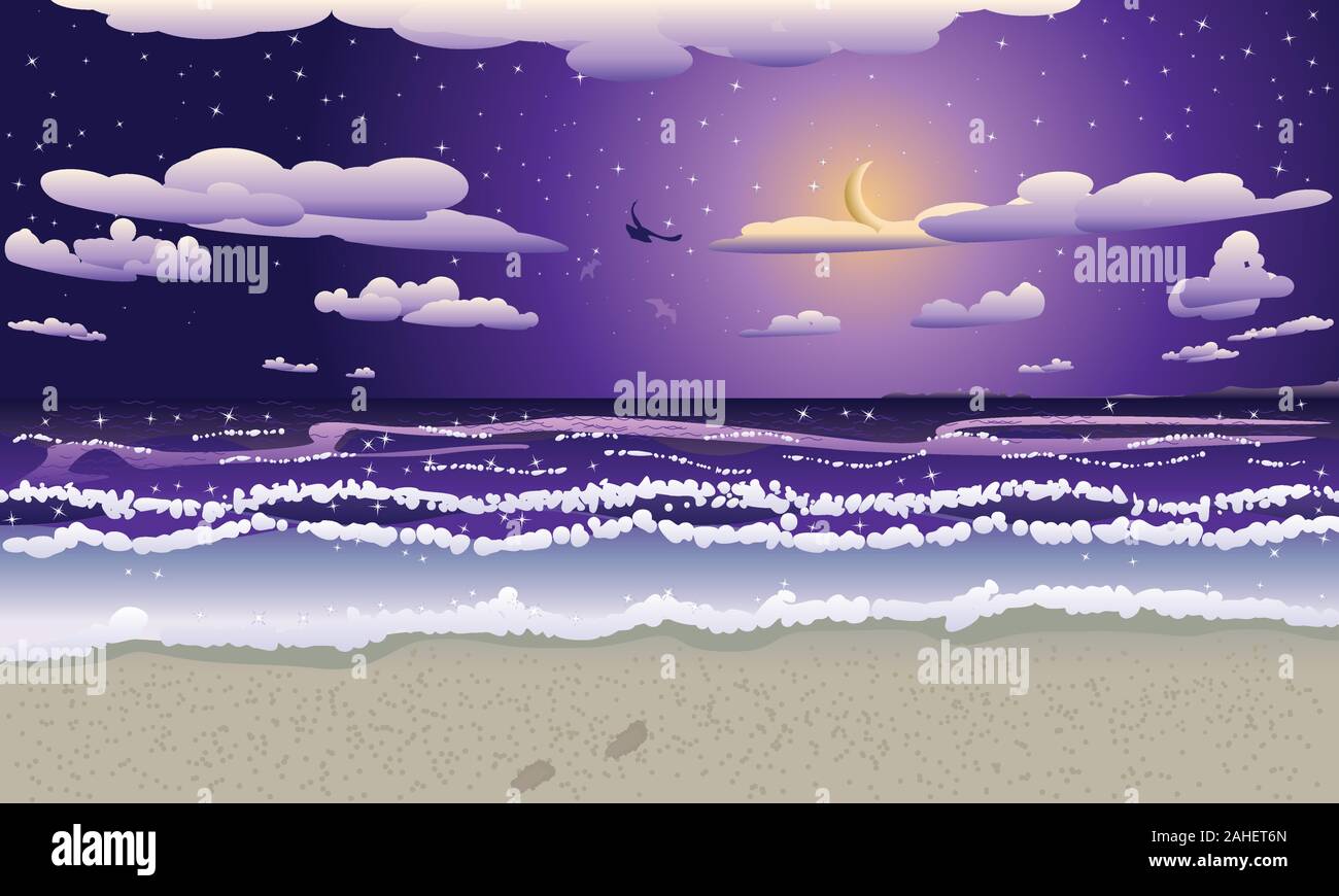 Tropical beach at night and crescent moon in the sky Stock Vector Image ...