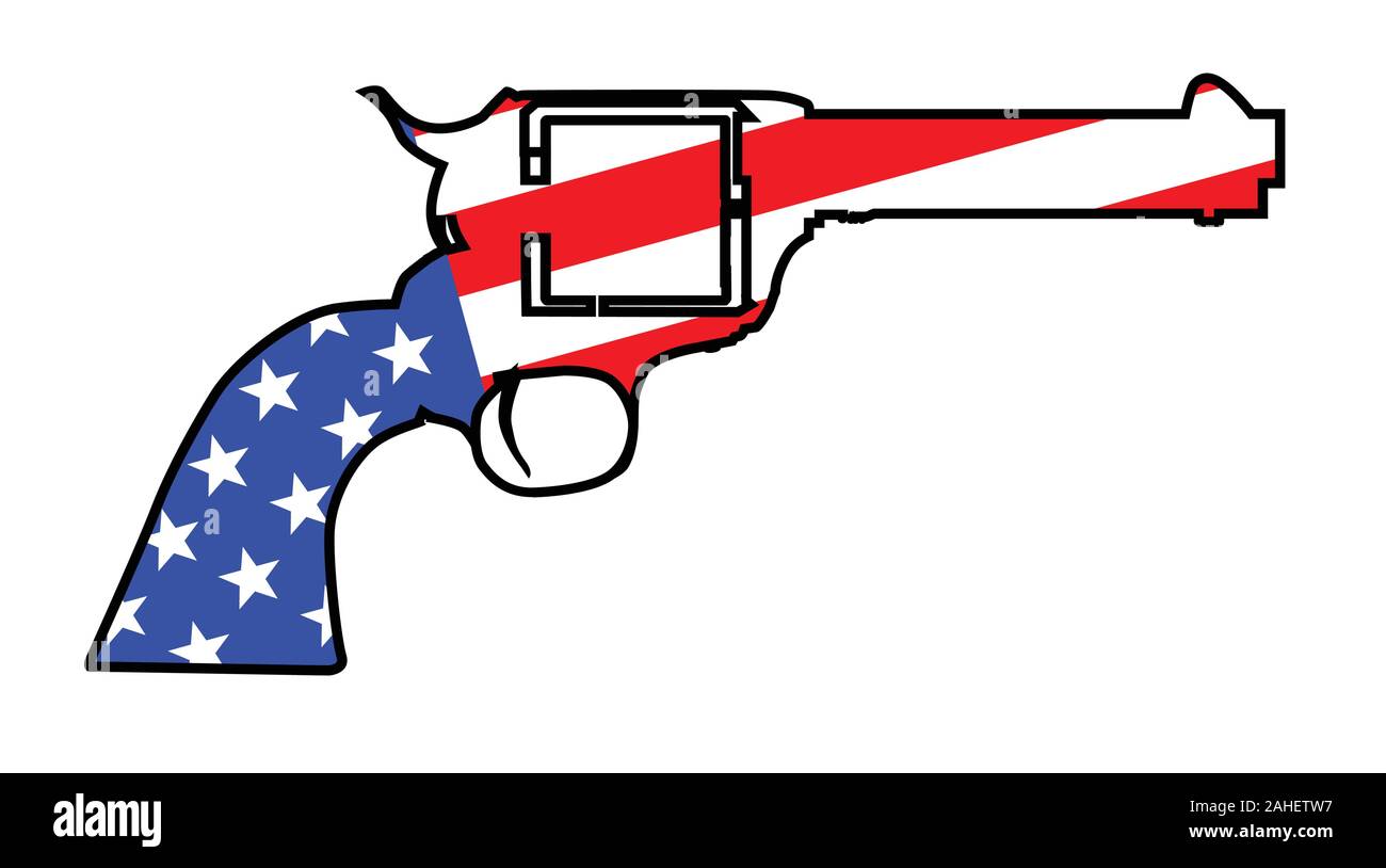A wild west revolver in silhouette outline with the Stars and Stripes ...
