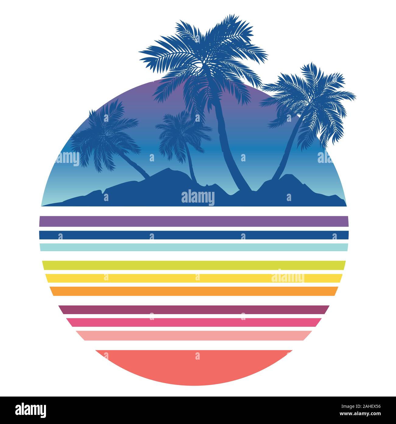 Abstract retro design of beach, palm trees and sea waves background ...