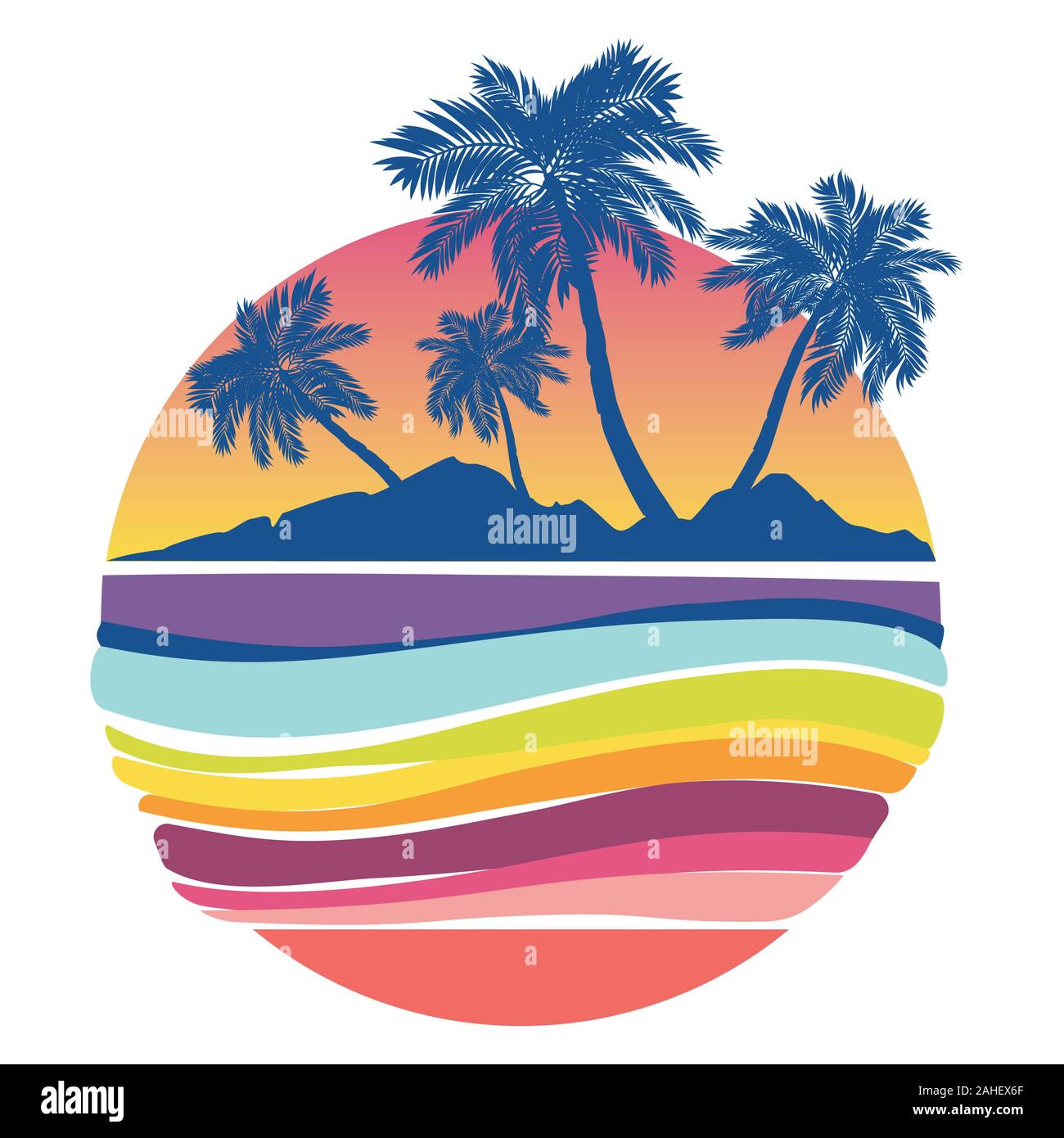 Abstract retro design of beach, palm trees and sea waves background ...