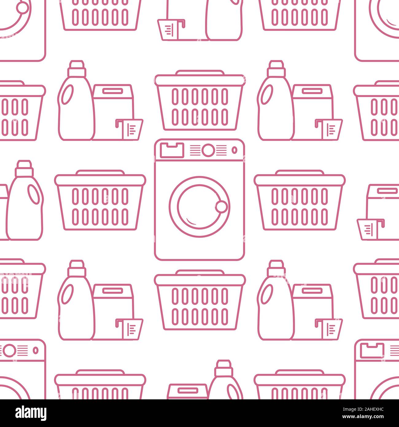 Vector seamless pattern Washing machine, laundry basket, washing powder ...