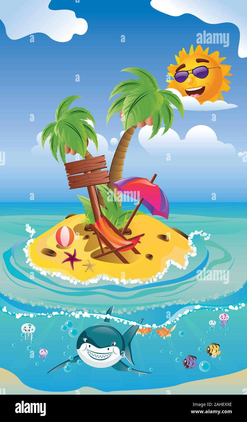 Cartoon tropical island in the ocean and smiling shark Stock Vector ...