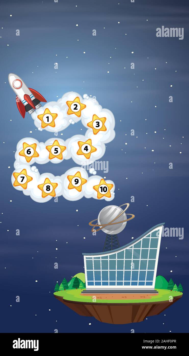 Game template with spaceship and numbers in the sky illustration Stock ...