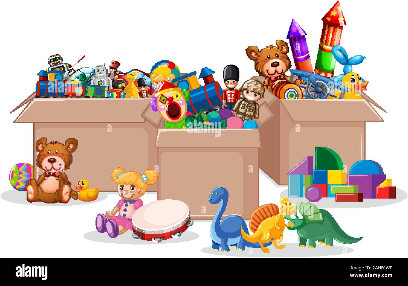 Three boxes full of toys on white background illustration Stock Vector ...