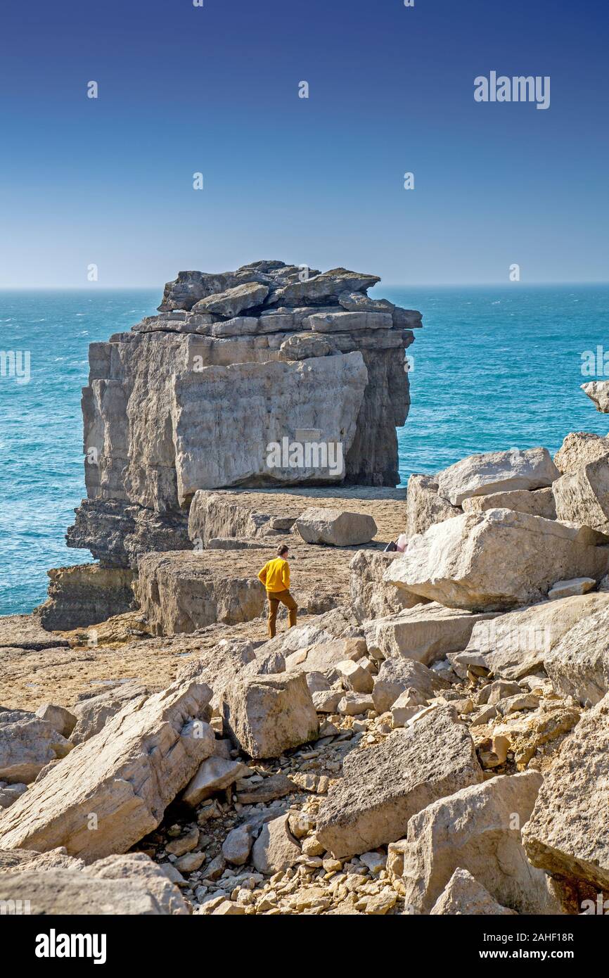 The dramatic and isolated Pulpit Rock at Portland Bill, Dorset, England ...