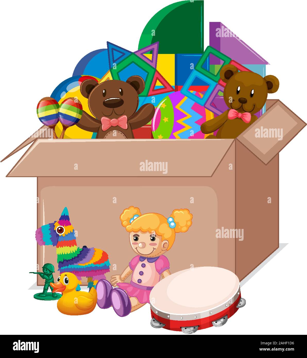 Cardboard box full of toys on white background illustration Stock ...