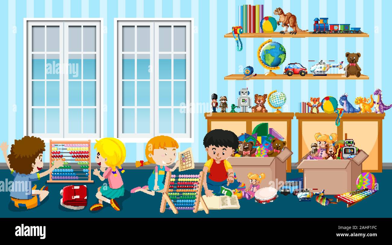 Scene with many kids playing toys in the room illustration Stock Vector ...
