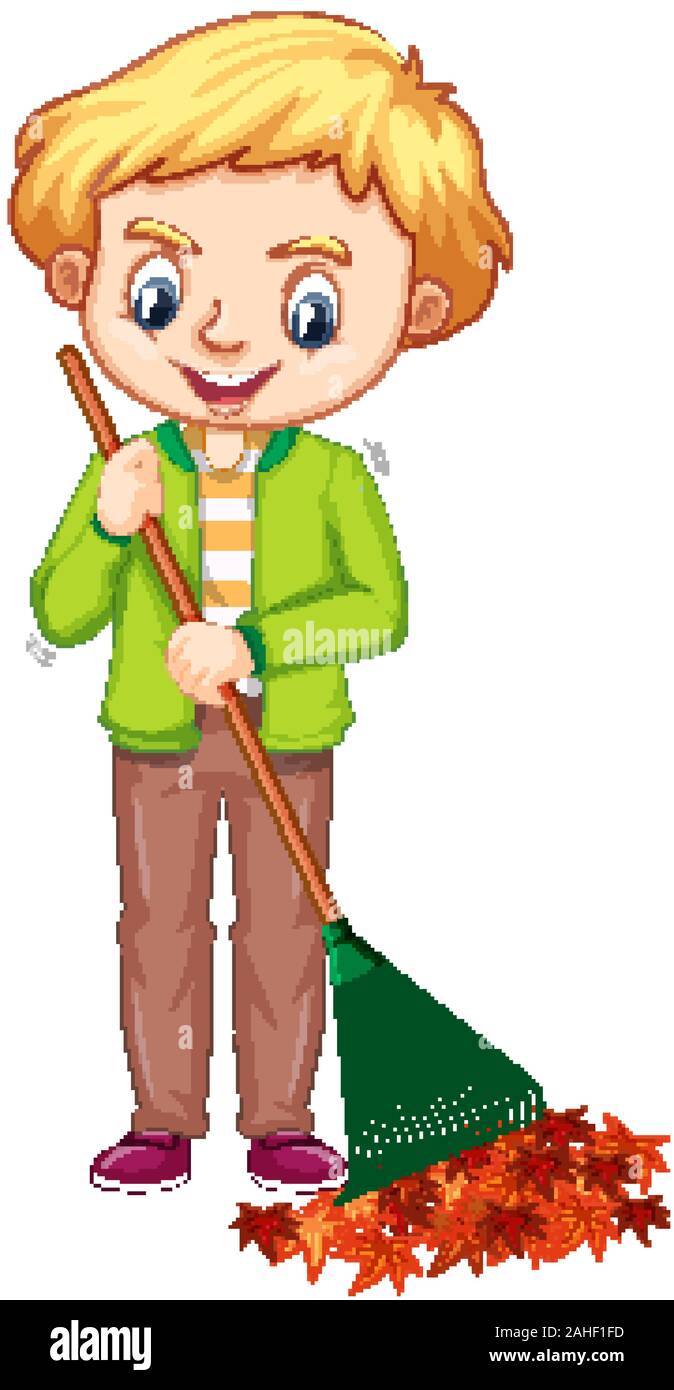 Boy raking leaves on white background illustration Stock Vector Image ...