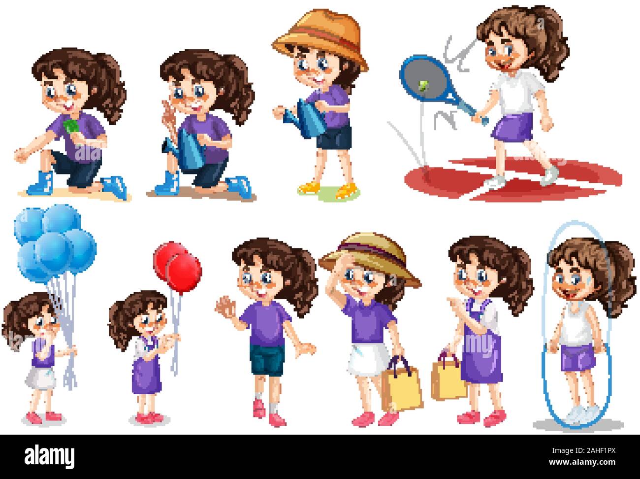 Set of girl doing different activities on isolated background ...