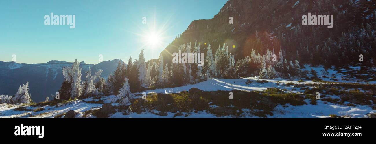 Early winter with first snow covering rocks and woods in the Glacier ...