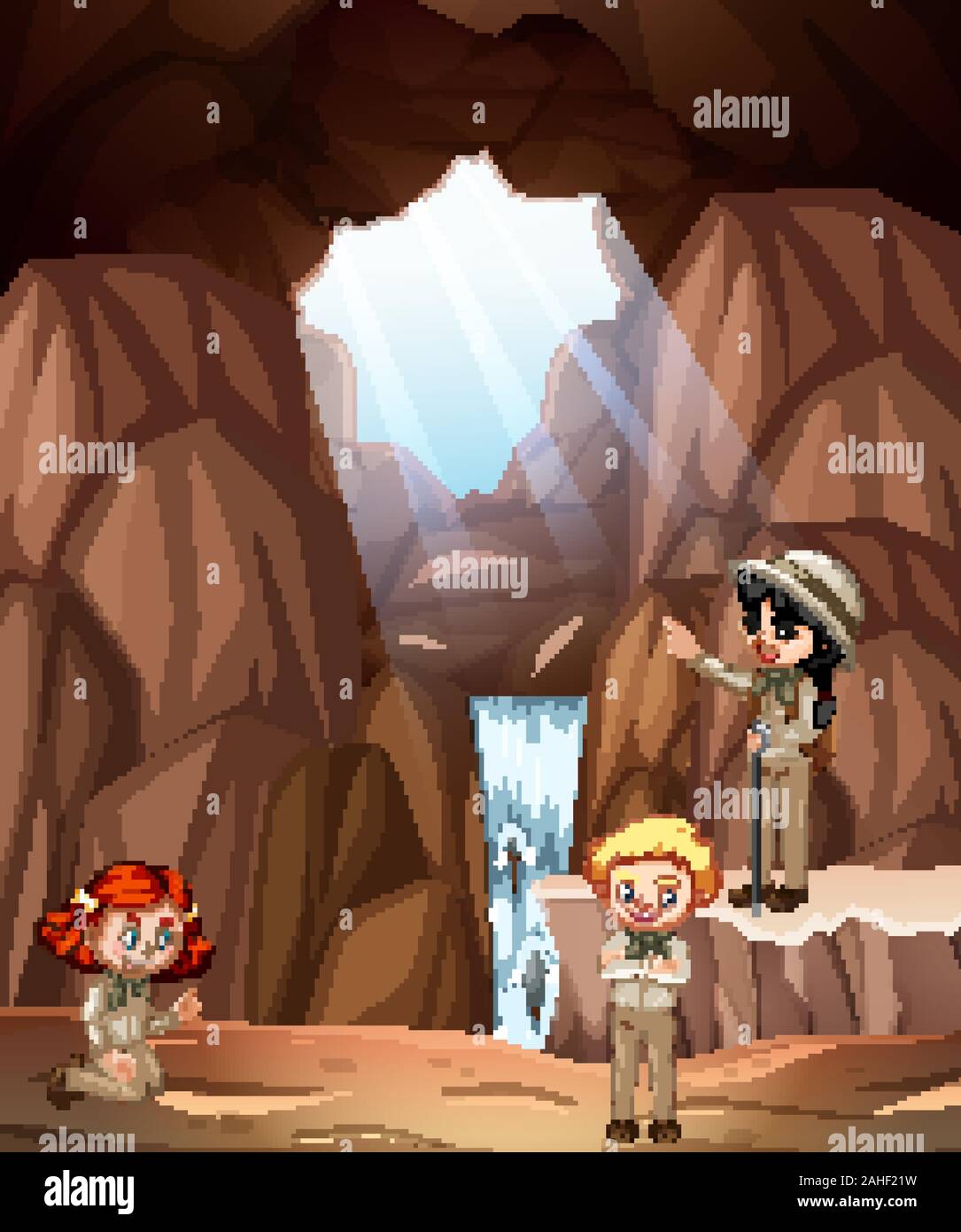 Scene with three kids exploring cave illustration Stock Vector Image ...