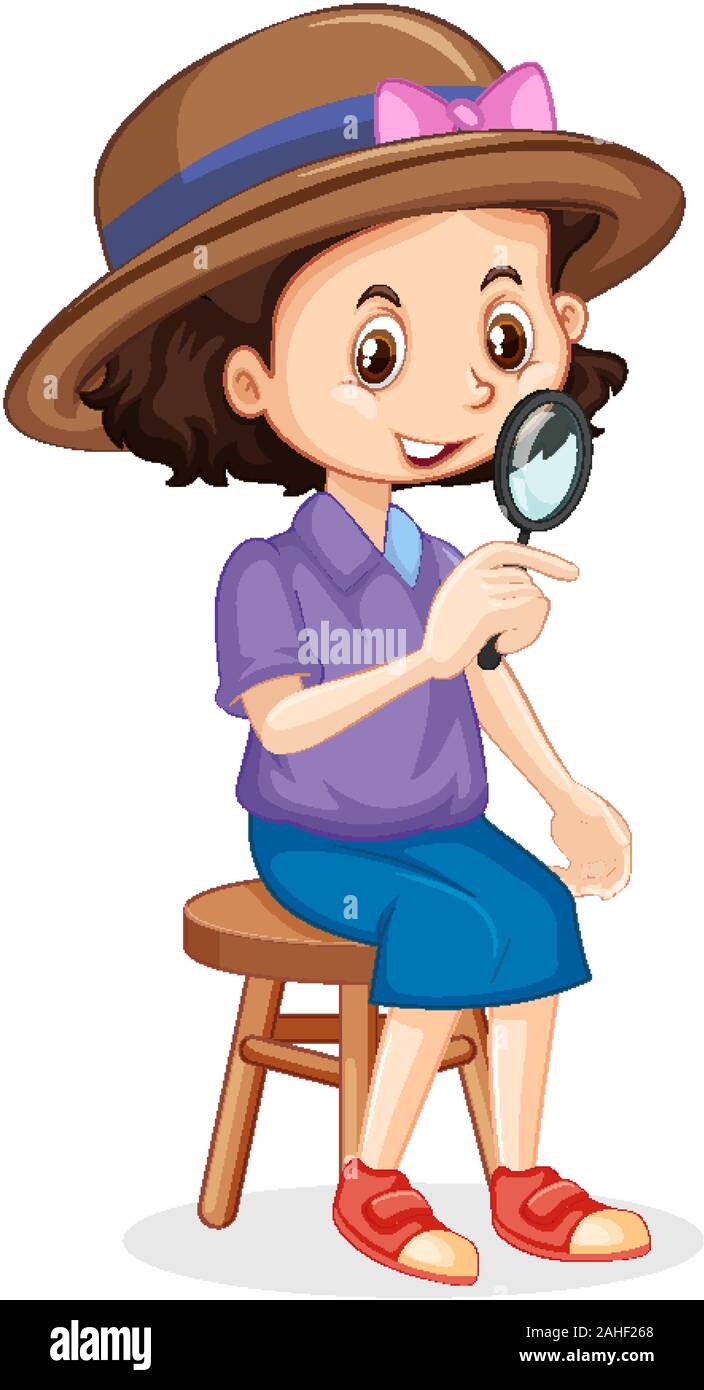 Girl with magnifying glass on isolated background illustration Stock ...