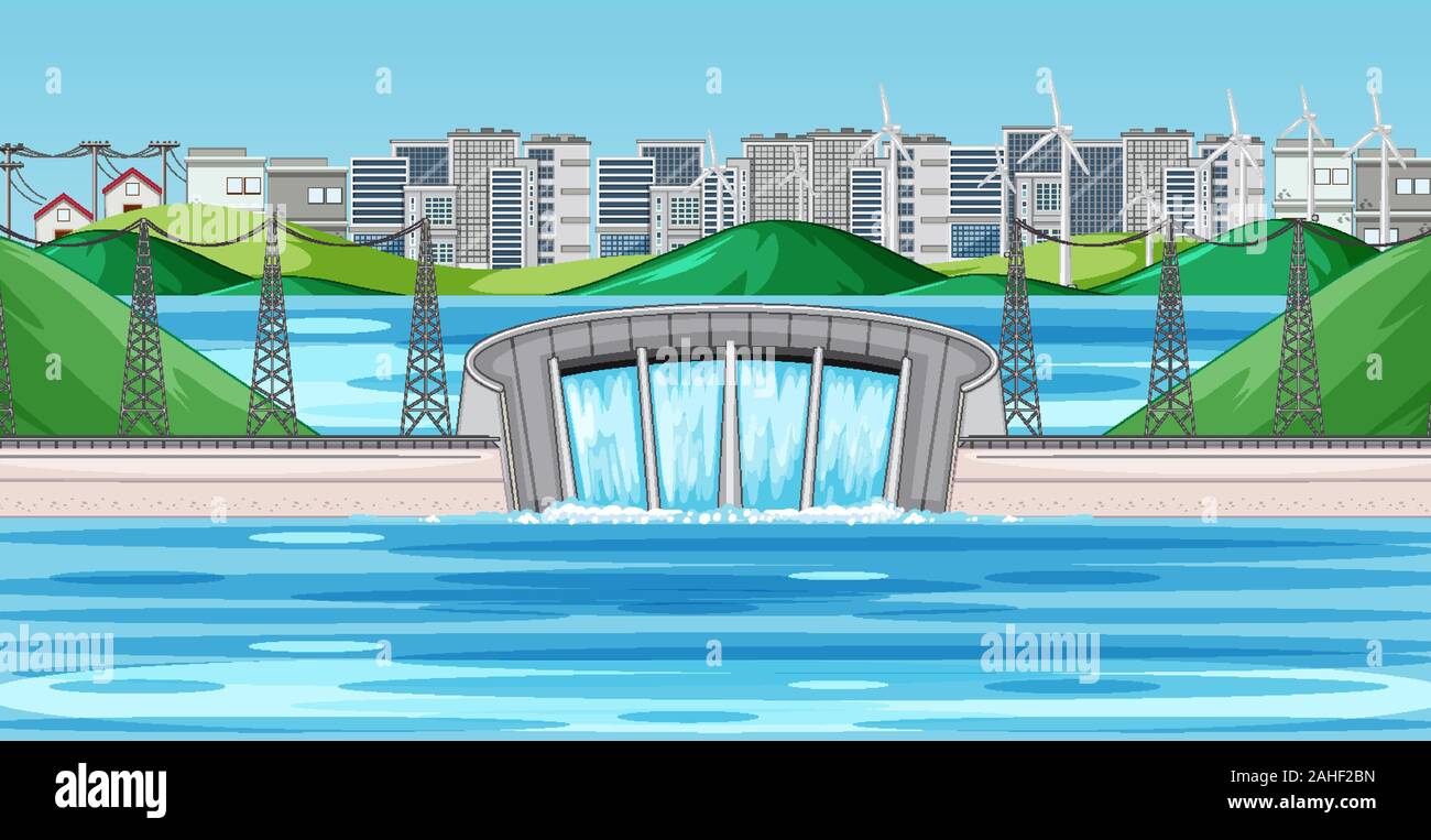 Scene with water dam in the city illustration Stock Vector Image & Art ...