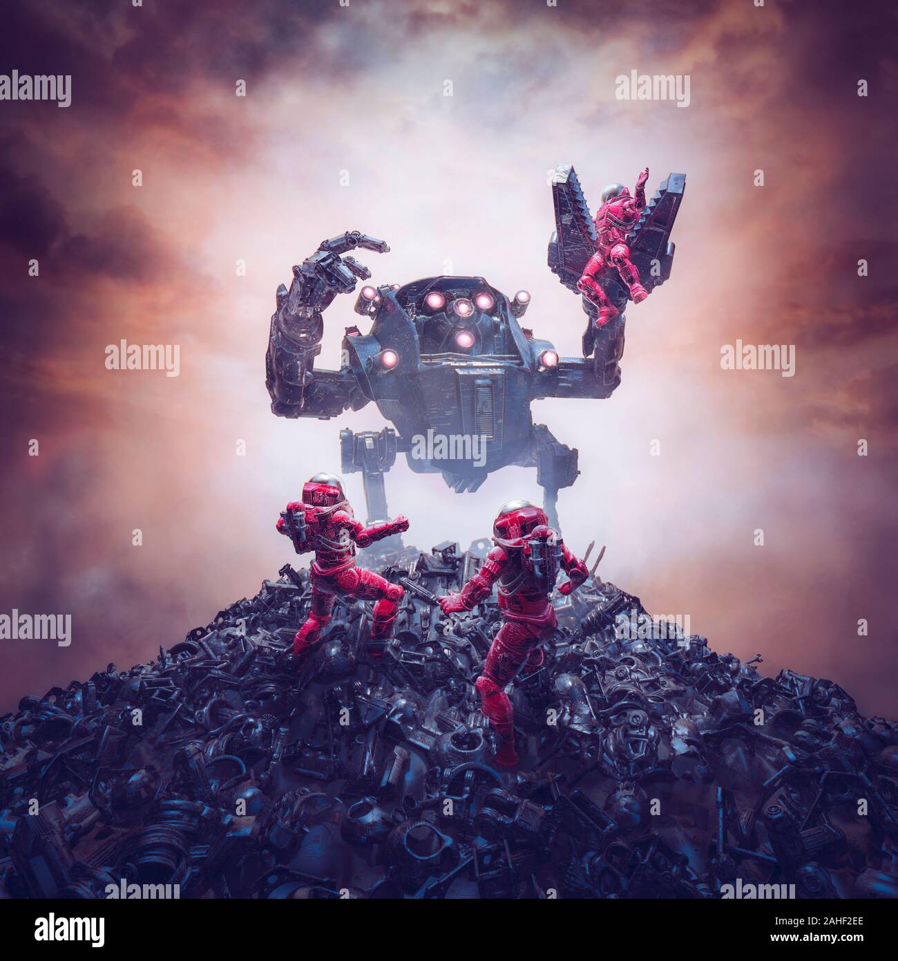 Mech trouble on Titan / 3D illustration of retro pulp science fiction ...