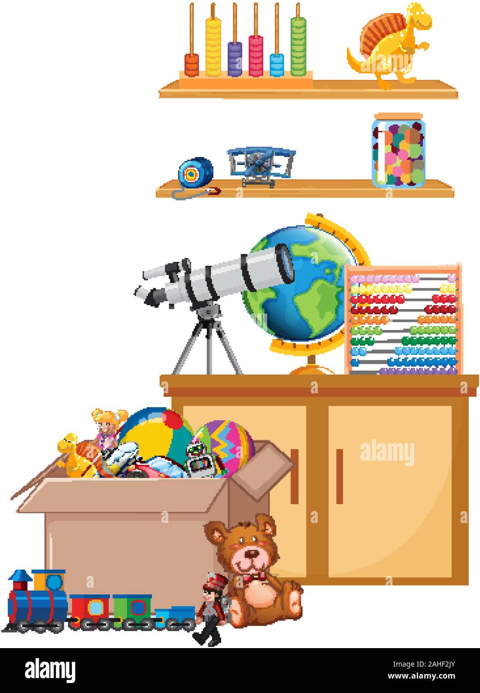 Scene with toys on the shelf and in the box illustration Stock Vector ...