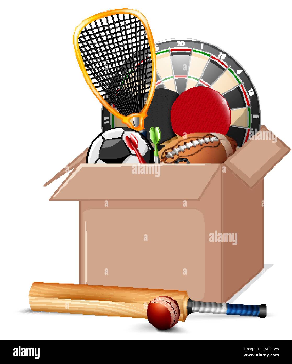 Cardboard box full of sport equipments on white background illustration ...