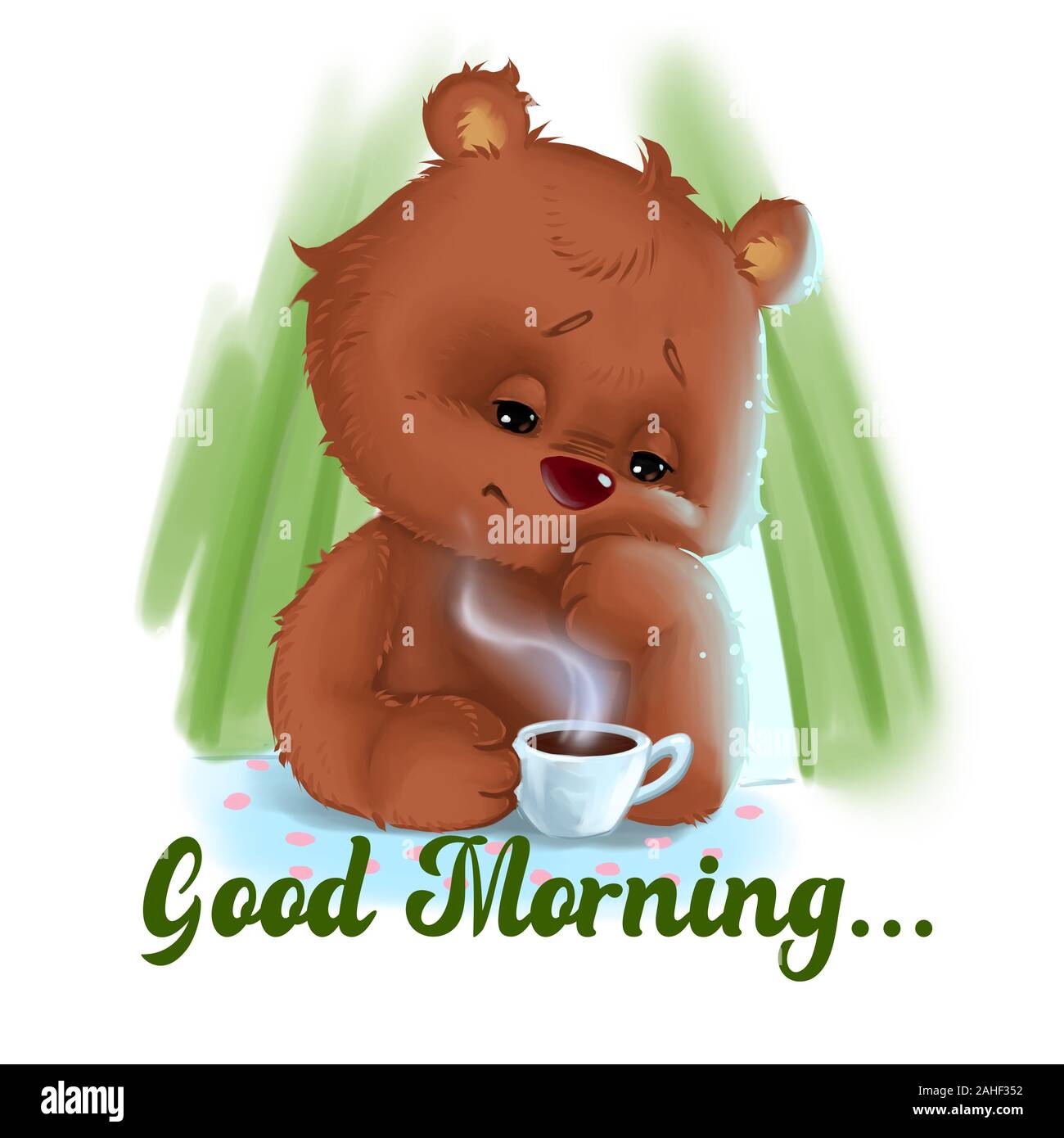 Bear mother tired sitting with morning coffe Stock Photo - Alamy