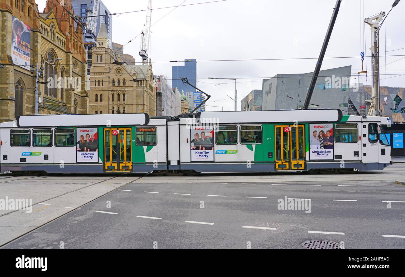 MELBOURNE, AUSTRALIA -15 JUL 2019- View of a tram in Melbourne, the ...