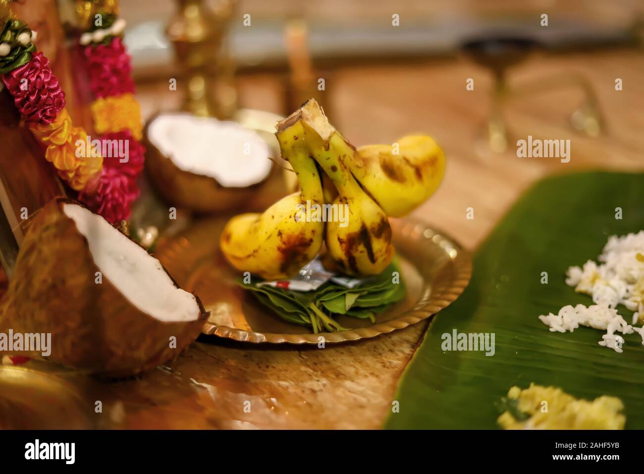 South Indian prayer items on a festival day, coconut with banana and ...