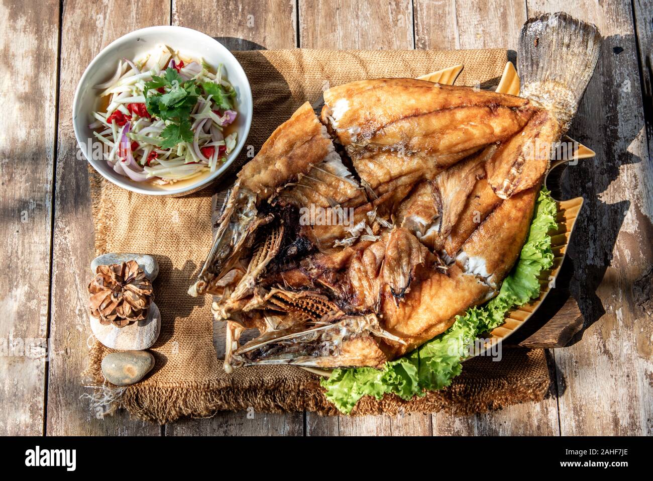Deep fried Snapper with fish sauce on vintage wooden, The perfect ...
