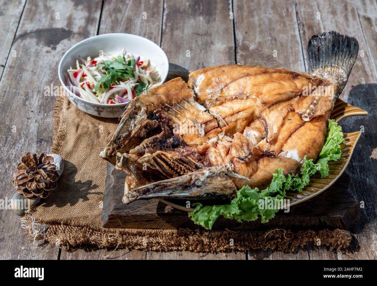 Deep fried Snapper with fish sauce on vintage wooden, The perfect ...