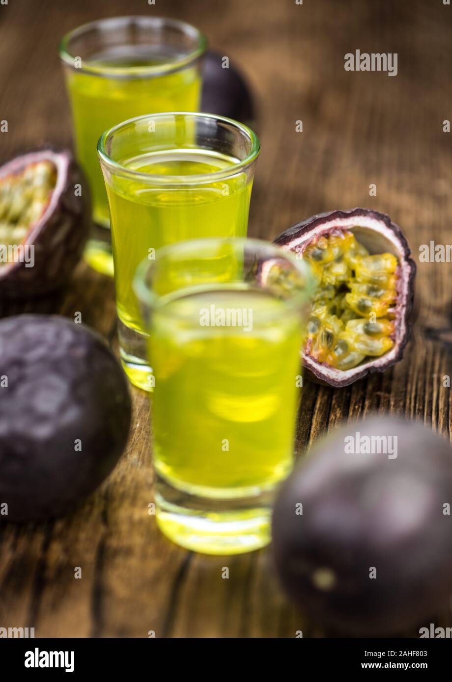 Passion Fruit Liqueur (fresh made) as detailed close-up shot; selective ...