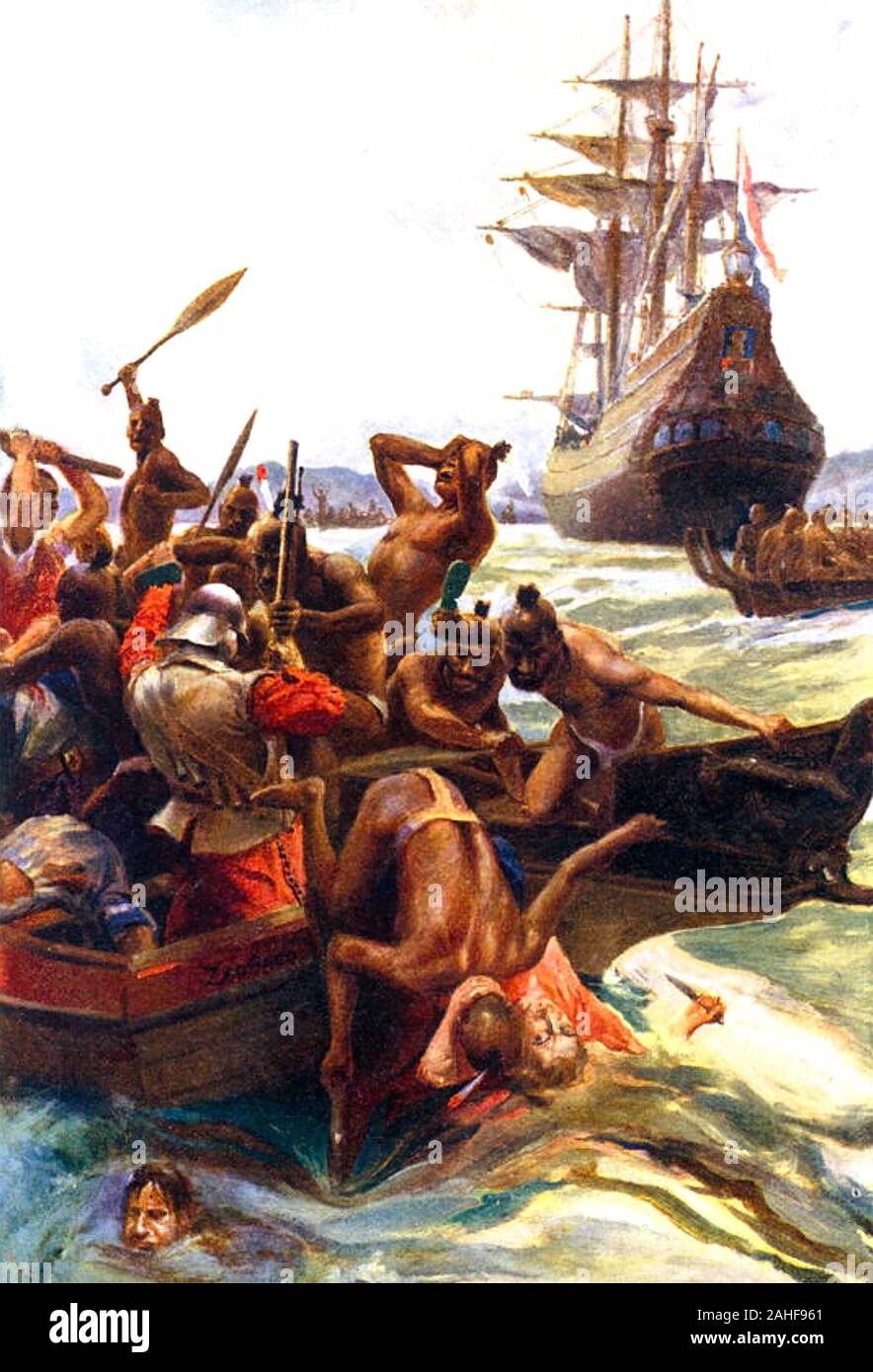 ABEL TASMAN (1603-1659) Dutch seafarer is attacked by Maoris as he ...