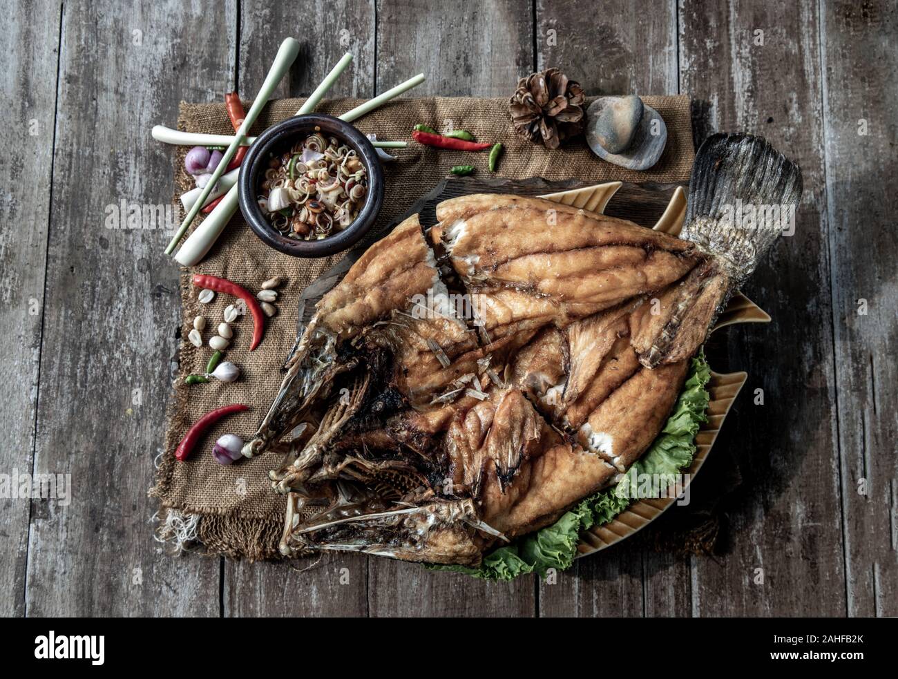 Deep fried Snapper with fish sauce on vintage wooden, The perfect ...