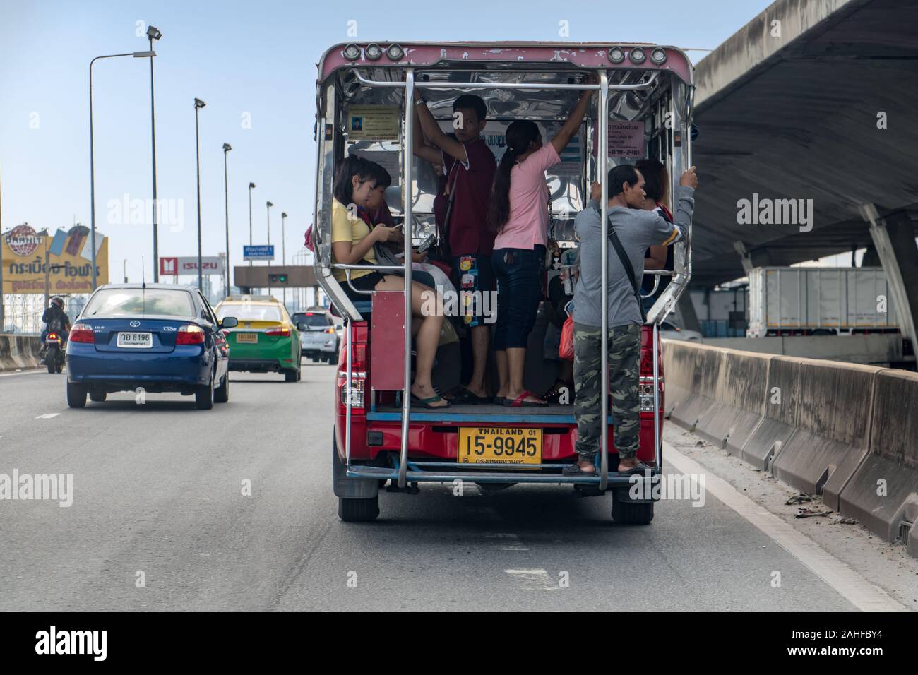 BANGKOK, THAILAND, JUN 03 2019, Shared taxi pickup ride in traffic on ...