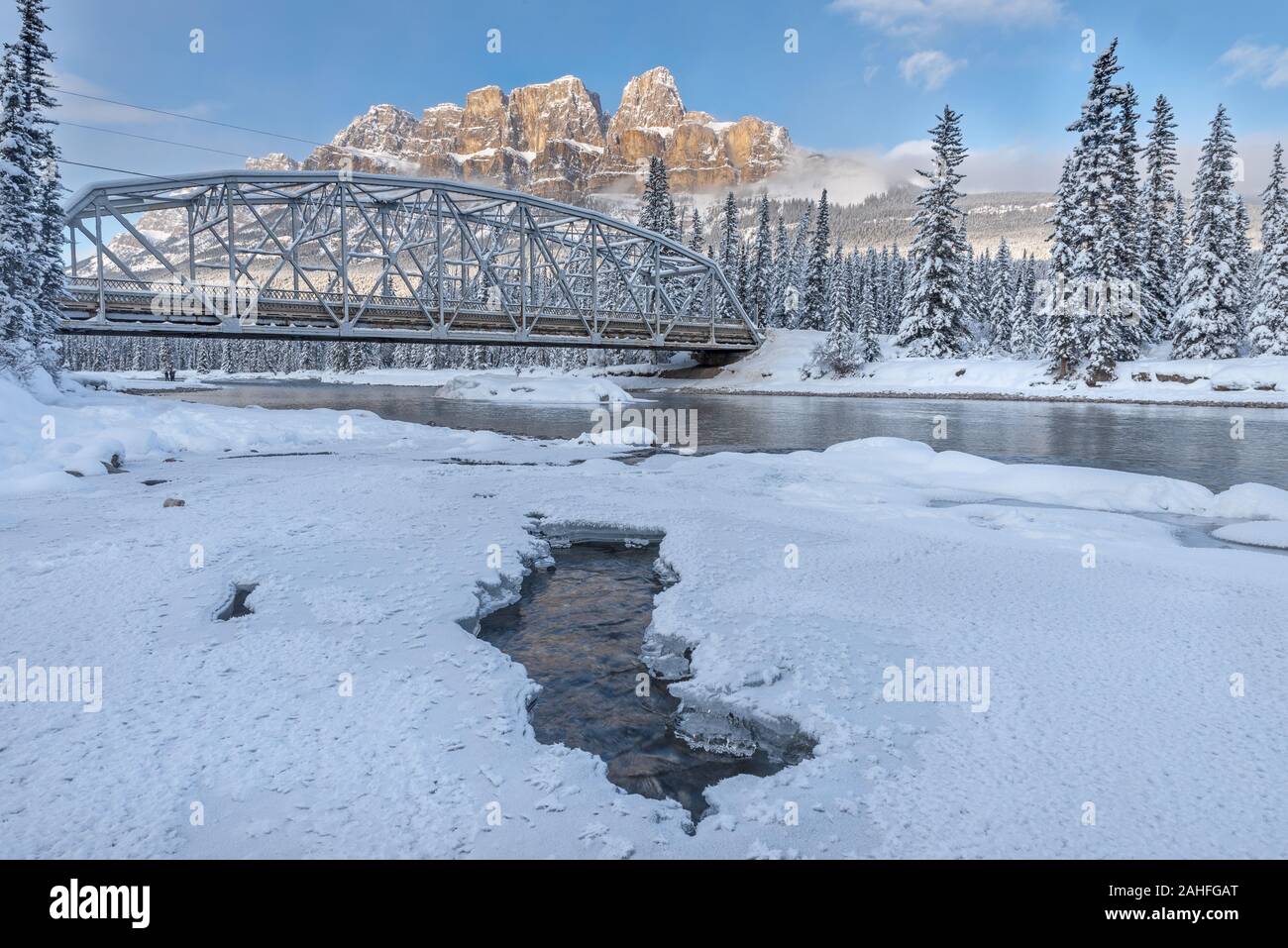 Bridge and Castle Mountain at Castle Junction in Banff National Park ...