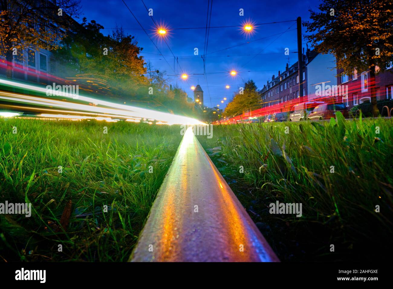 Green tram tracks, covered with grass, in Duesseldorf downtown, Germany ...