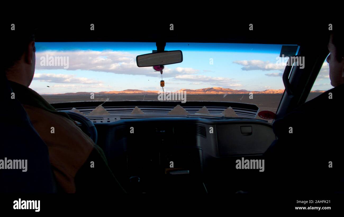 Sahara desert through a minibus window, Morocco Stock Photo - Alamy