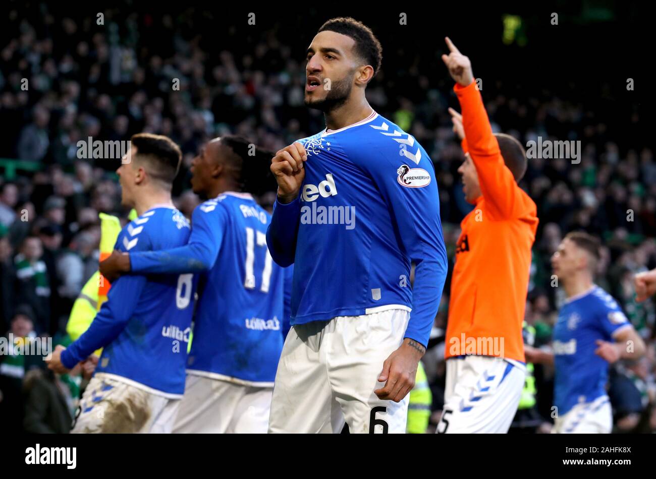 Rangers' Connor Goldson celebrates the result at the end of the ...