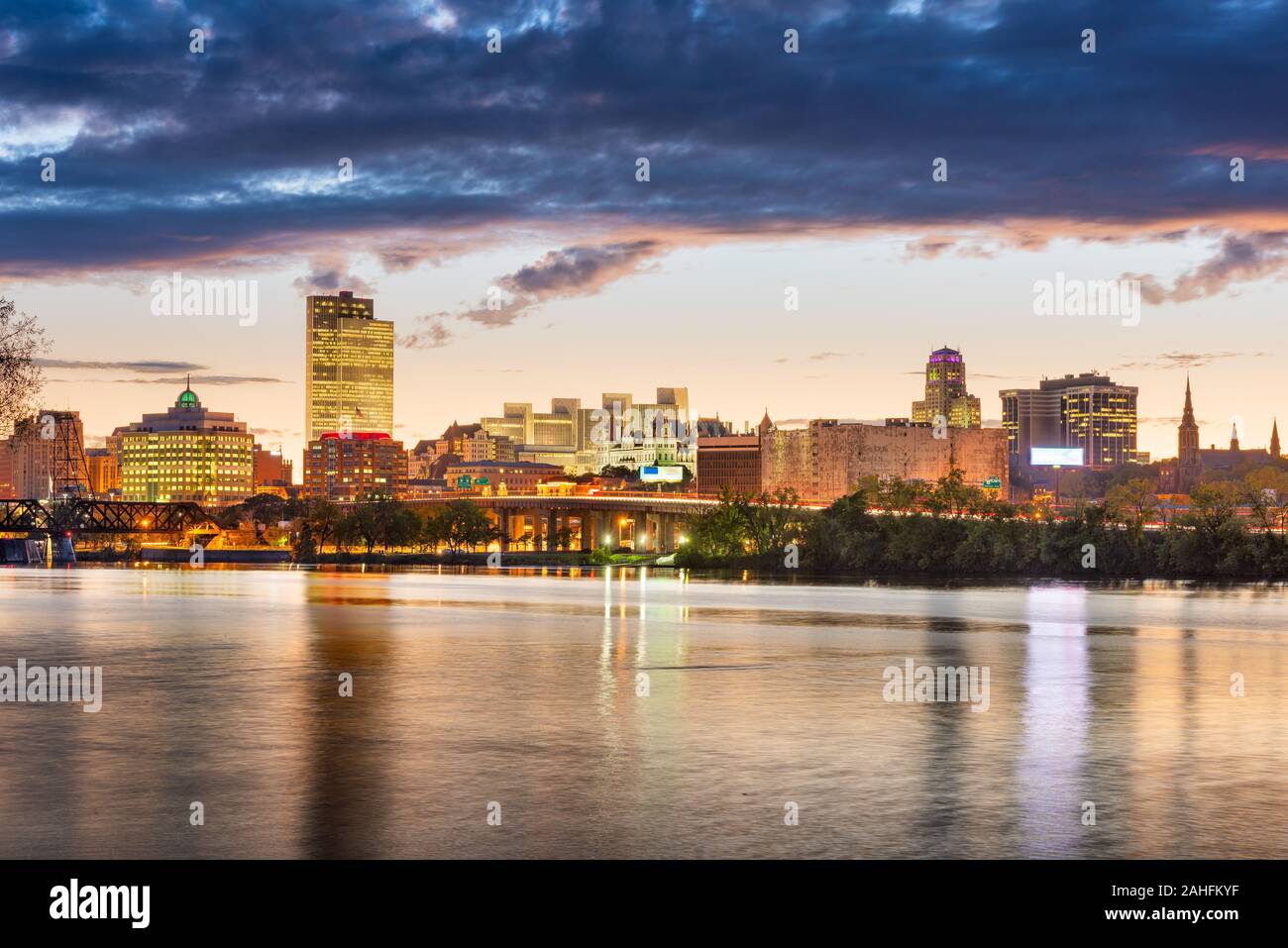 Albany, New York, USA skyline on the Hudson River at sunset Stock Photo ...