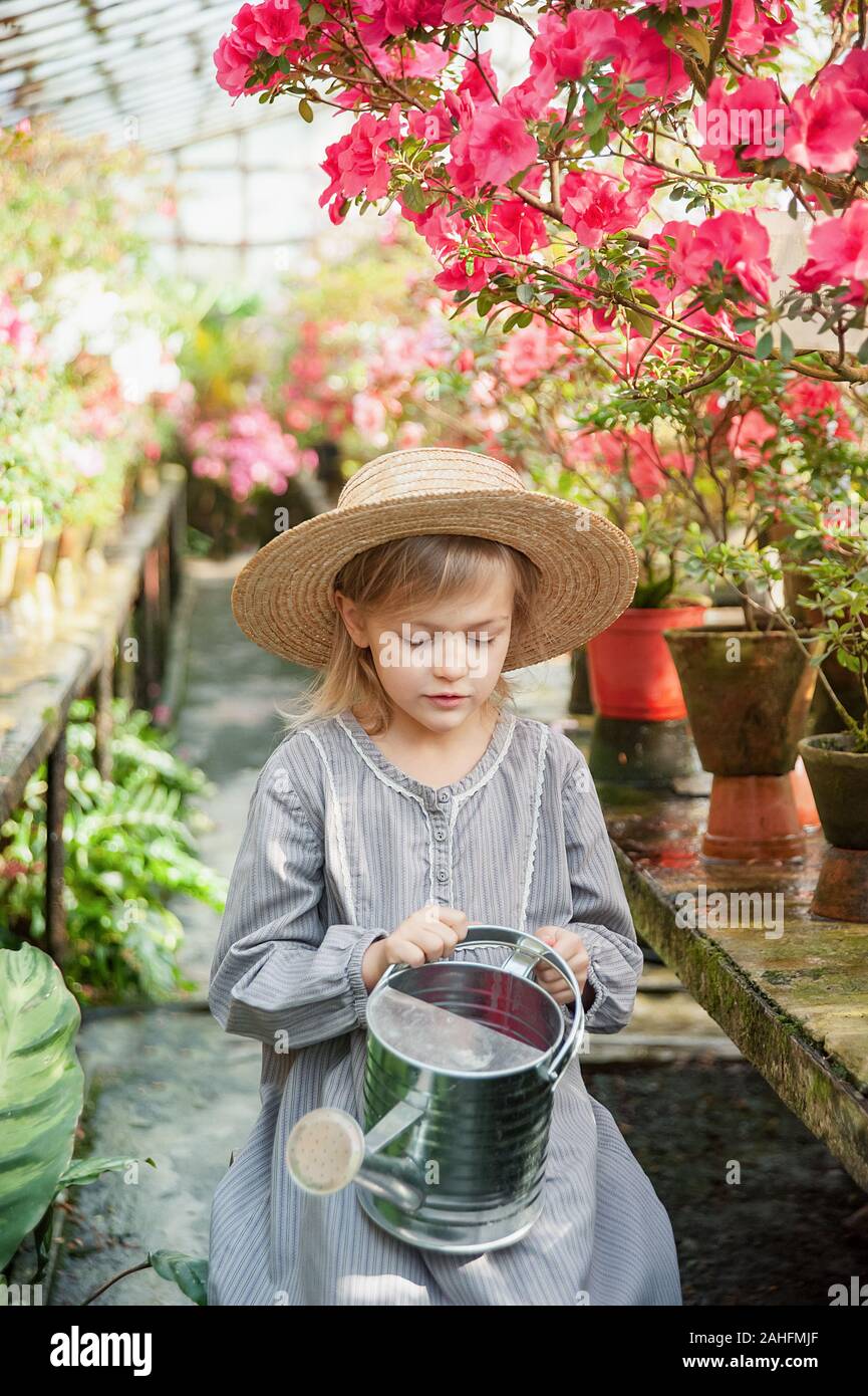 Child planting spring flowers. Little girl gardener plants azalea ...