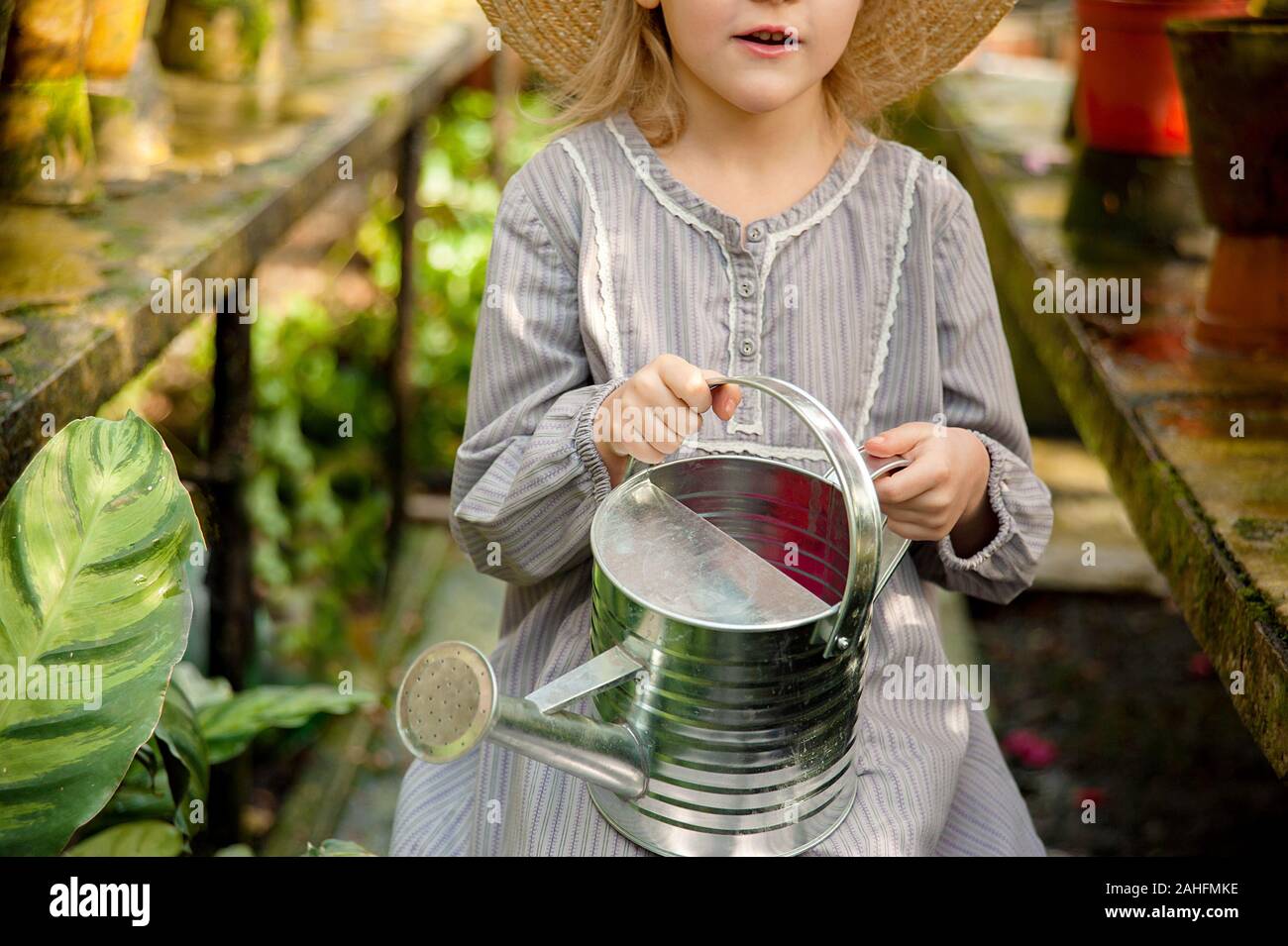 Child planting spring flowers. Little girl gardener plants azalea. Girl ...