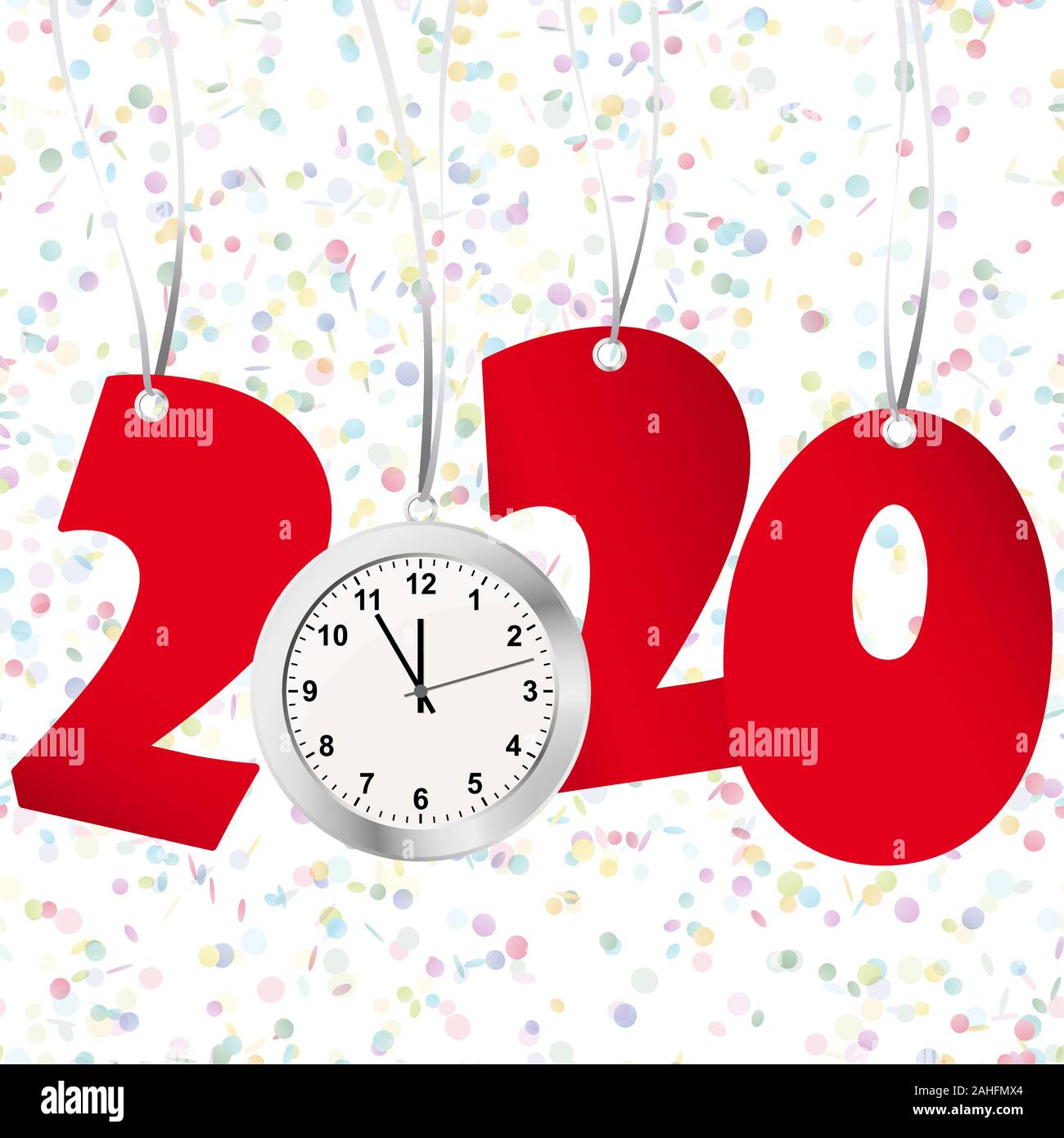 red numbers showing New Year 2020 with silver clock and confetti ...