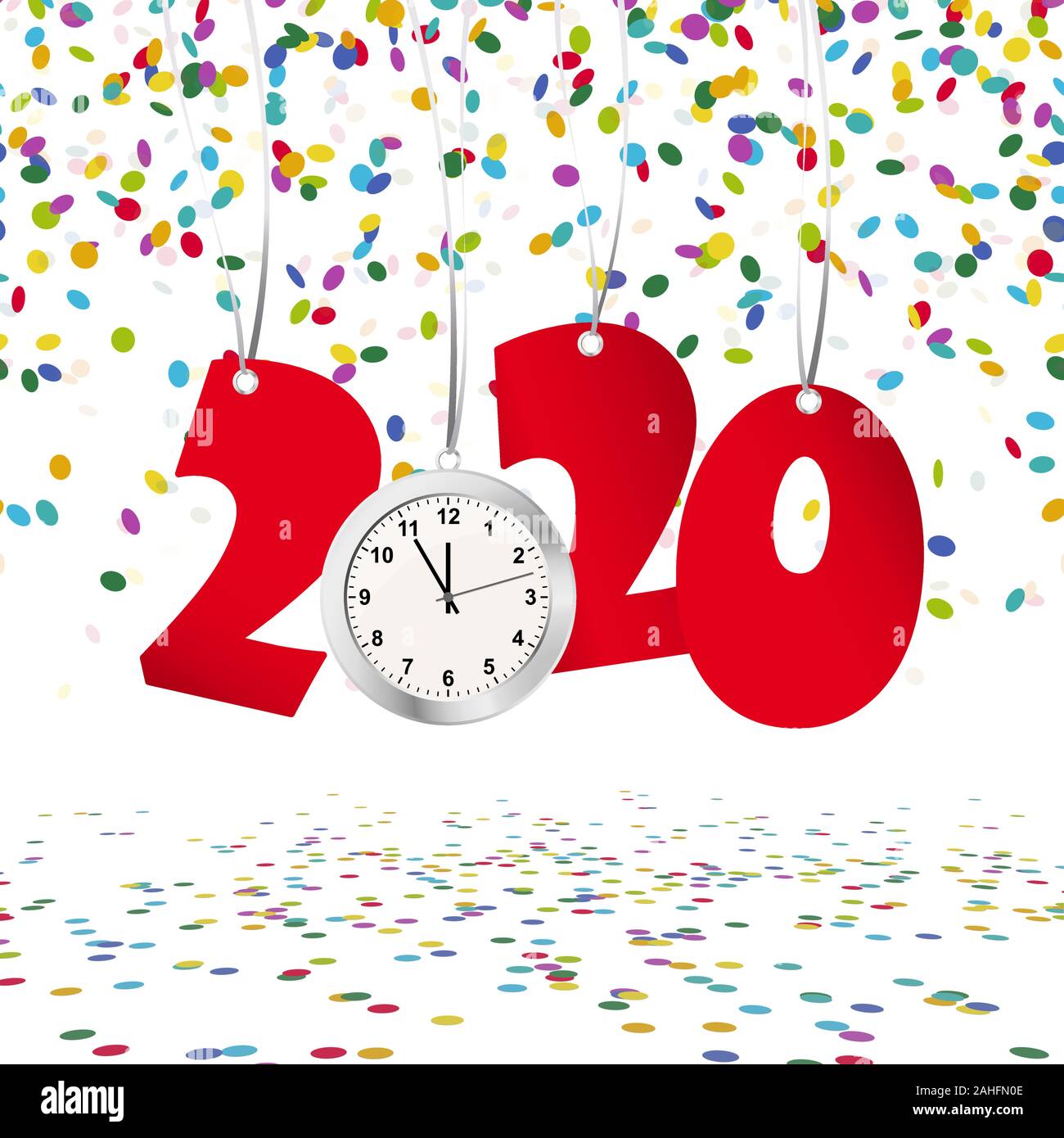 red numbers showing New Year 2020 with silver clock and confetti ...